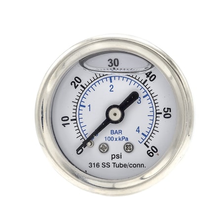 Pro 1 1/2 in Dial, 0/60 PSI & Bar, 1/8 in NPT, Back Mount Glycerin Filled Pressure Gauge PRO ...